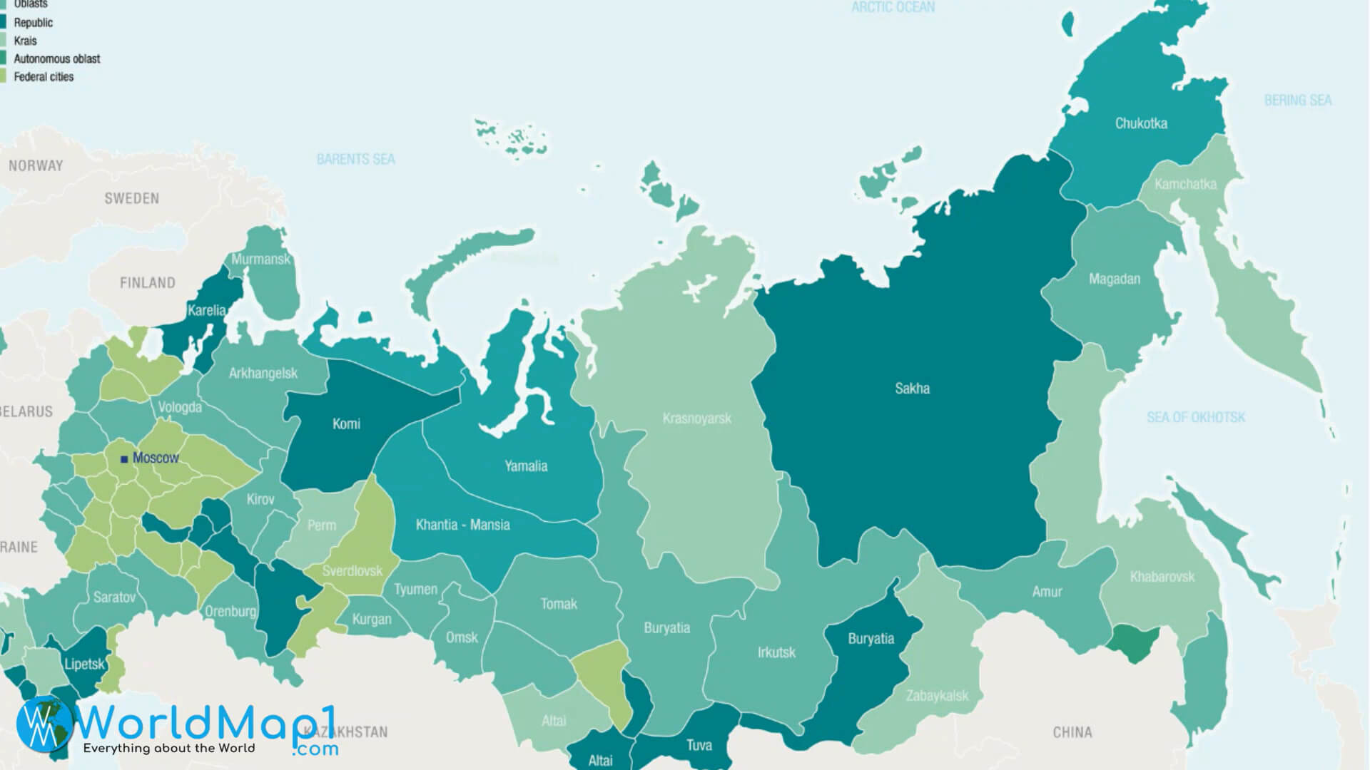 Russia Map with Rivers and Lakes