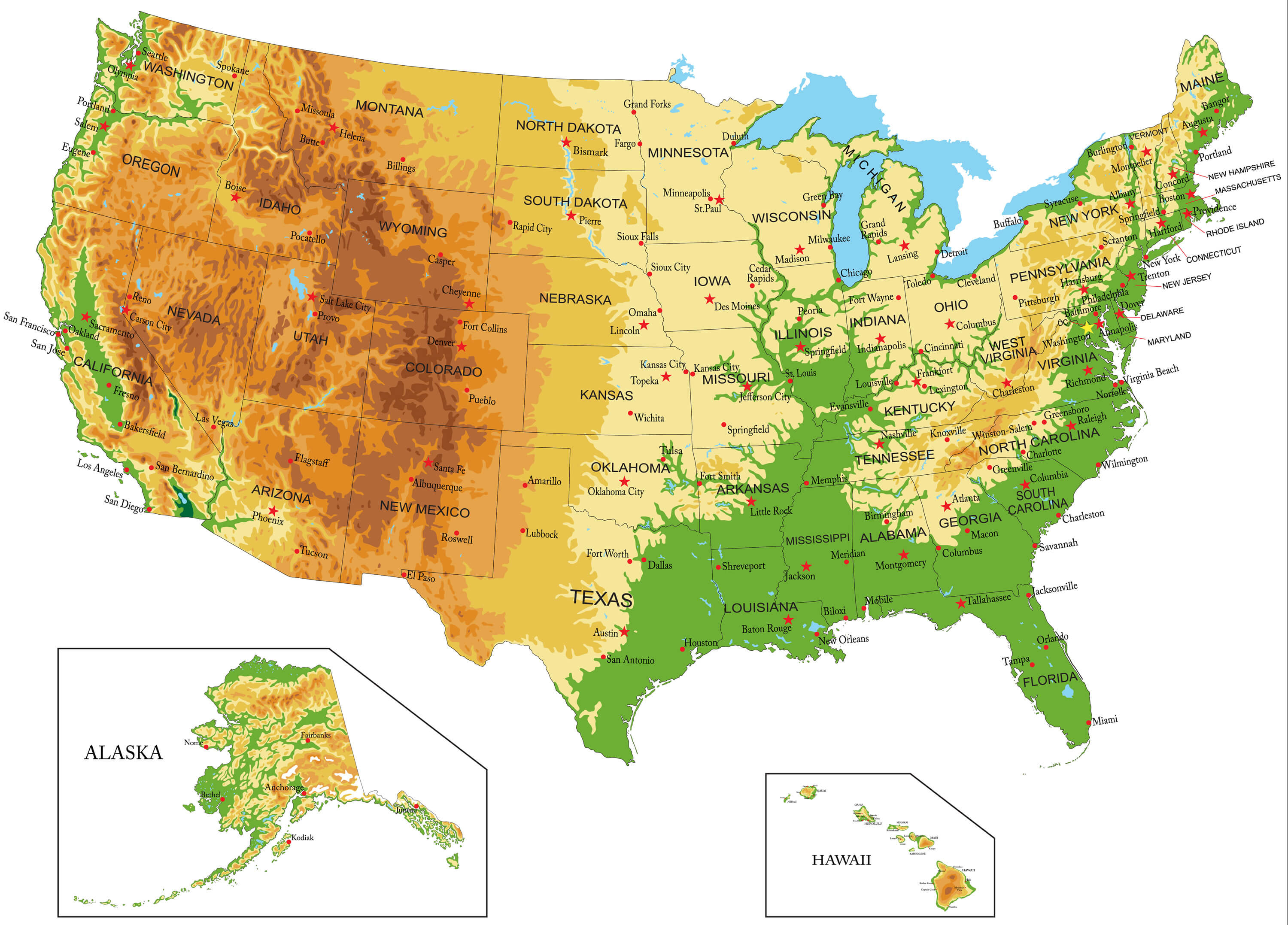 US Political Map with Capital Washington, Most Important Cit