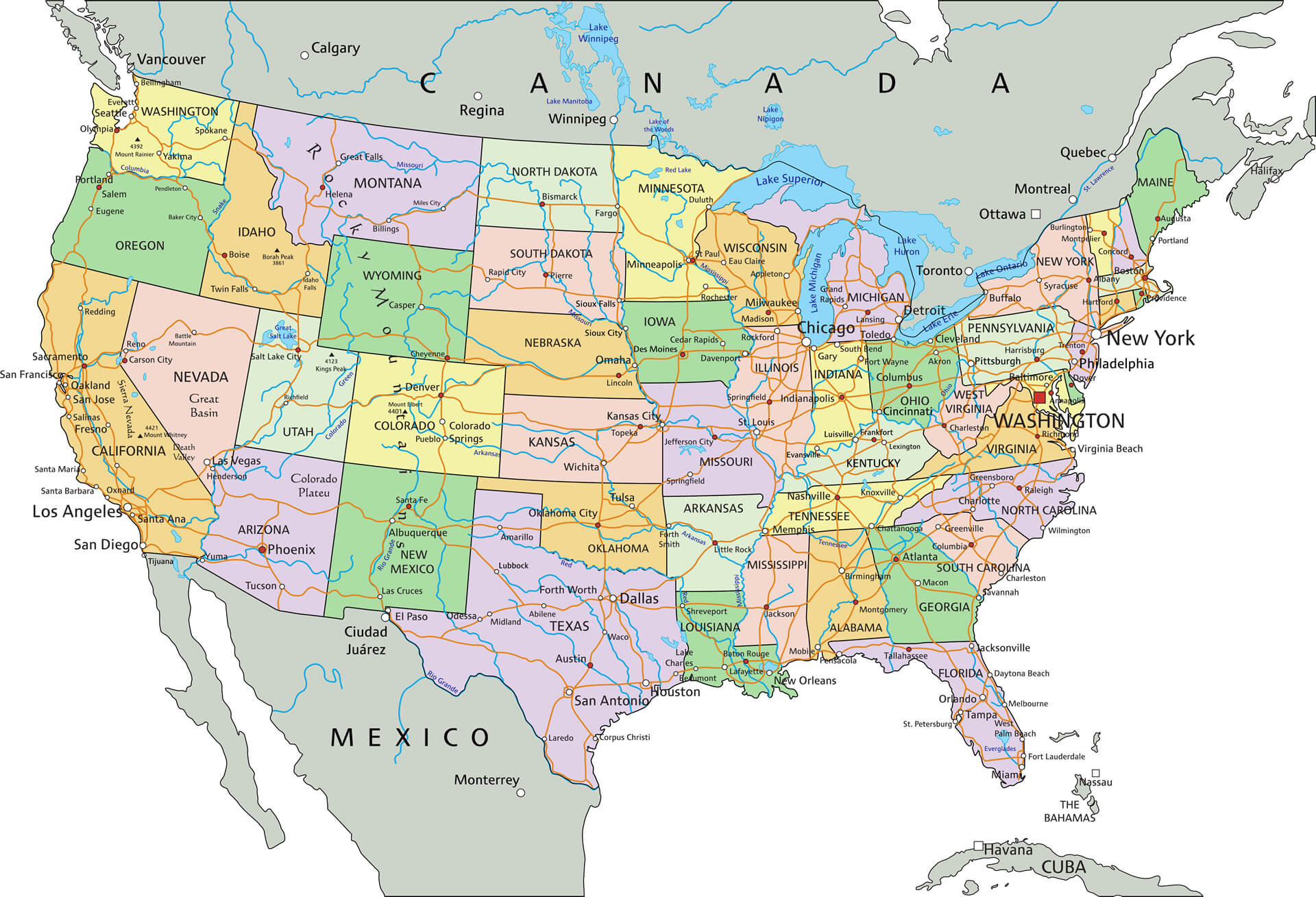 US Interstate Highway Map with Major Cities